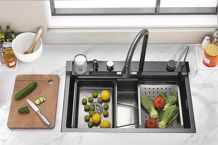 All-IN-1 Worksation Kitchen Sink Kit with Waterfall Faucet - Sinkple