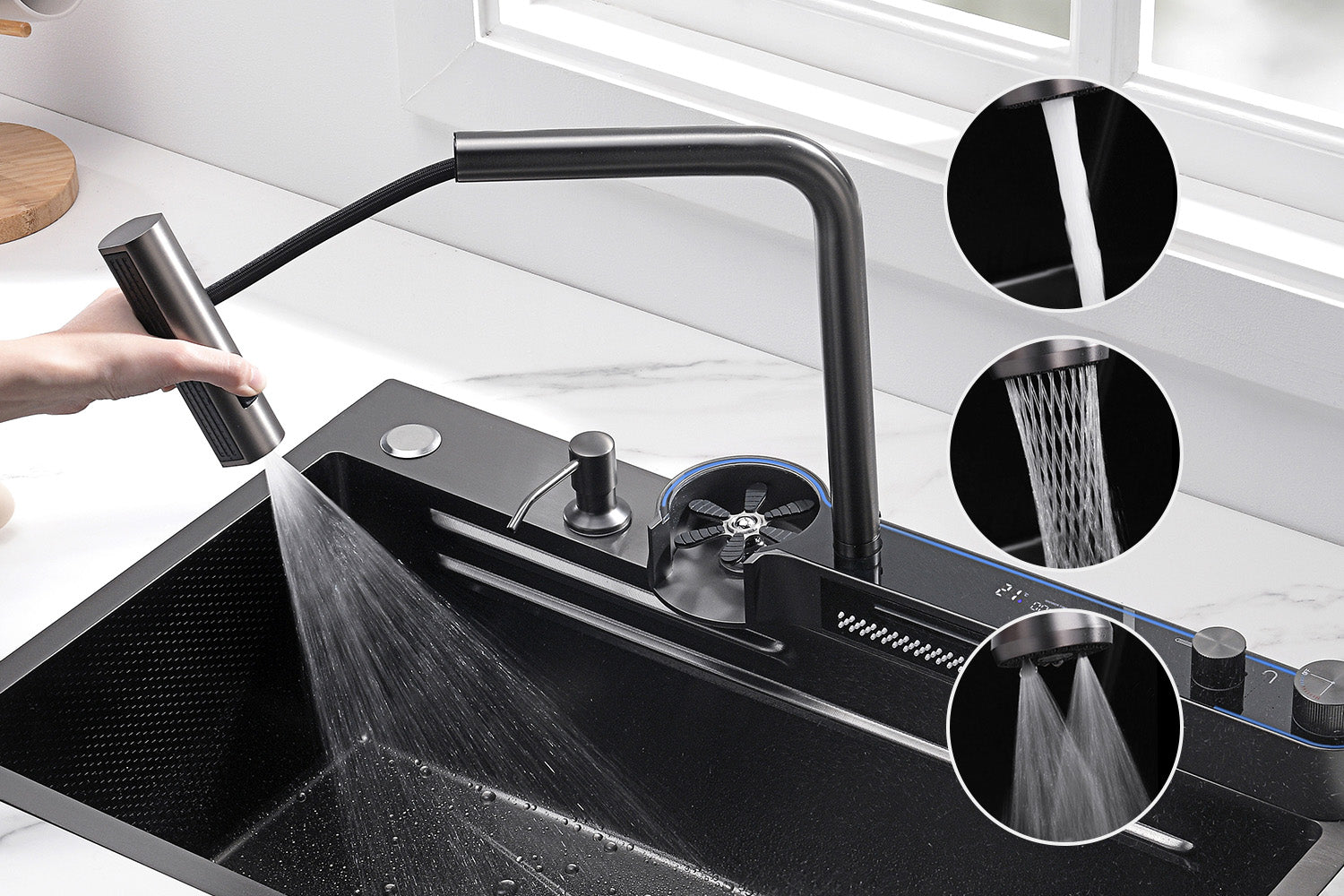 All-IN-1 Worksation Kitchen Sink Kit with Waterfall Faucet - Sinkple